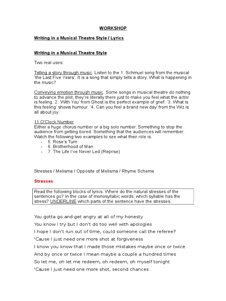 Writing Musical Theatre Lyrics Guide | PDF | Rhyme | Poetry