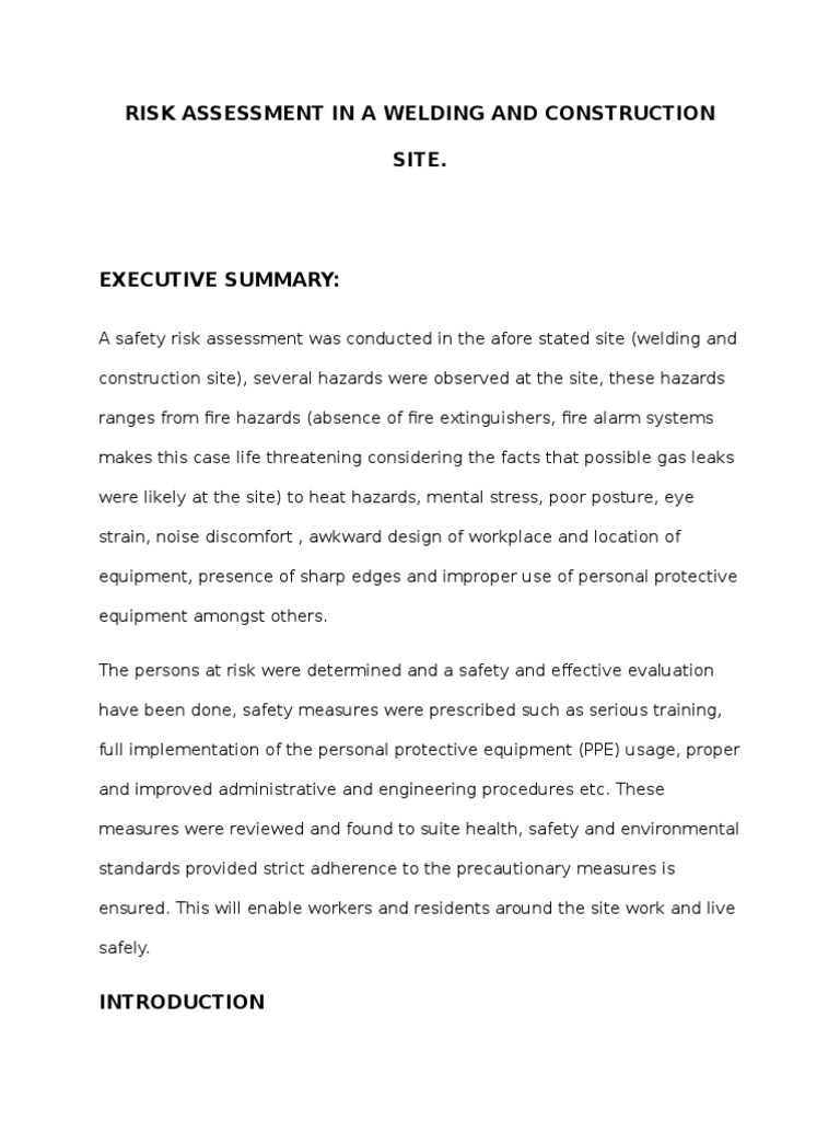 Risk Assessment in A Welding and Construction Site | PDF | Welding ...