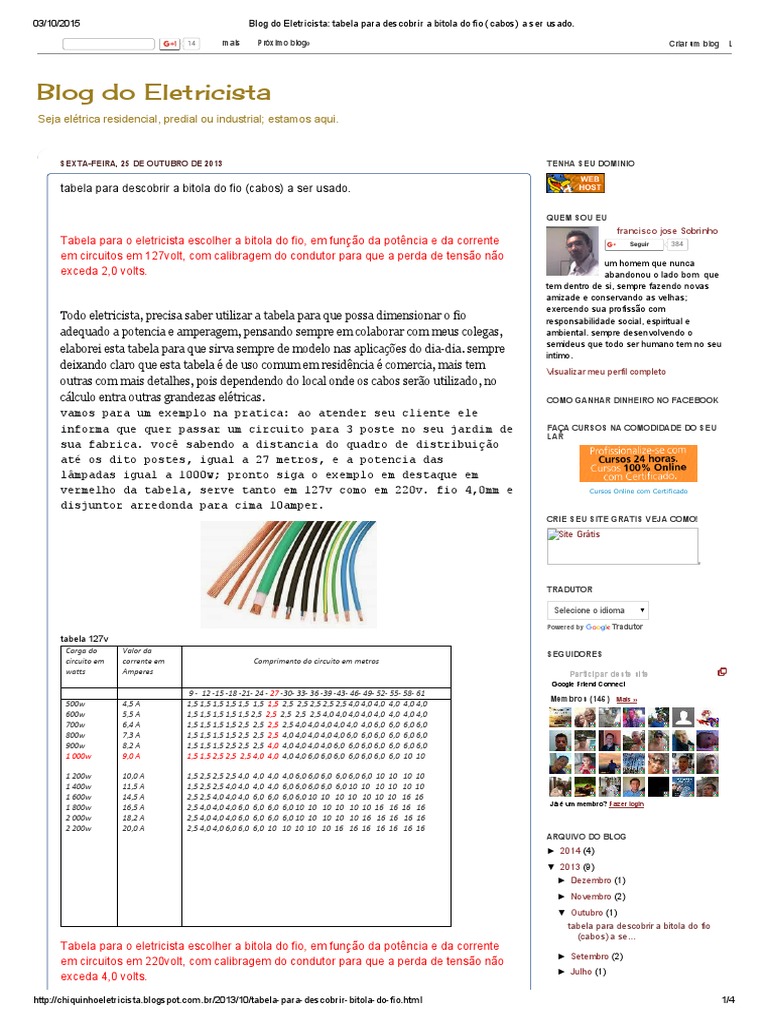 Blog Do Eletricista - Tabela para Descobrir A Bitola Do Fio (Cabos) A ...