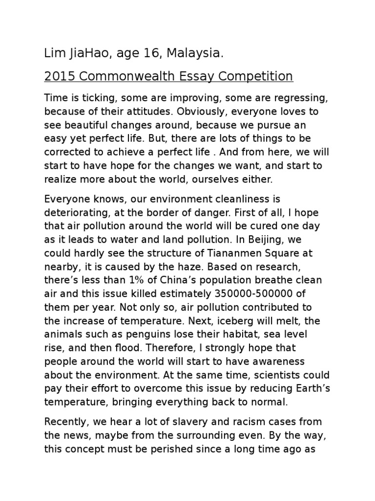 Lim Jiahao, Age 16, Malaysia. 2015 Commonwealth Essay Competition | PDF ...