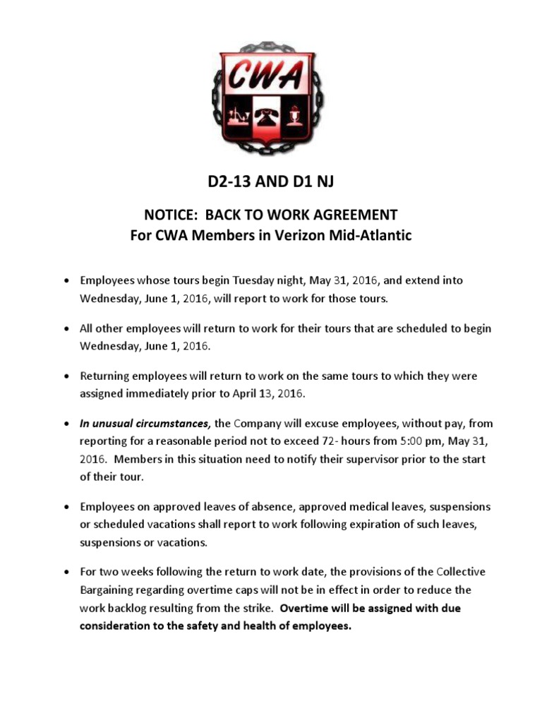 Back To Work Notice For CWA | PDF