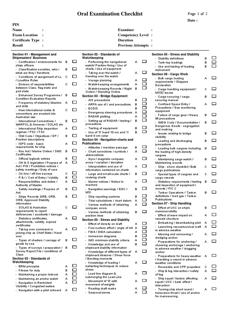 Oral Examination Checklist: Page 1 of 2 | Download Free PDF | Cargo ...