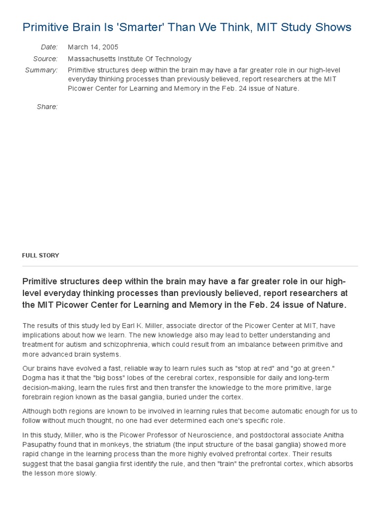 Primitive Brain Is 'Smarter' Than We Think, MIT Study Shows ...