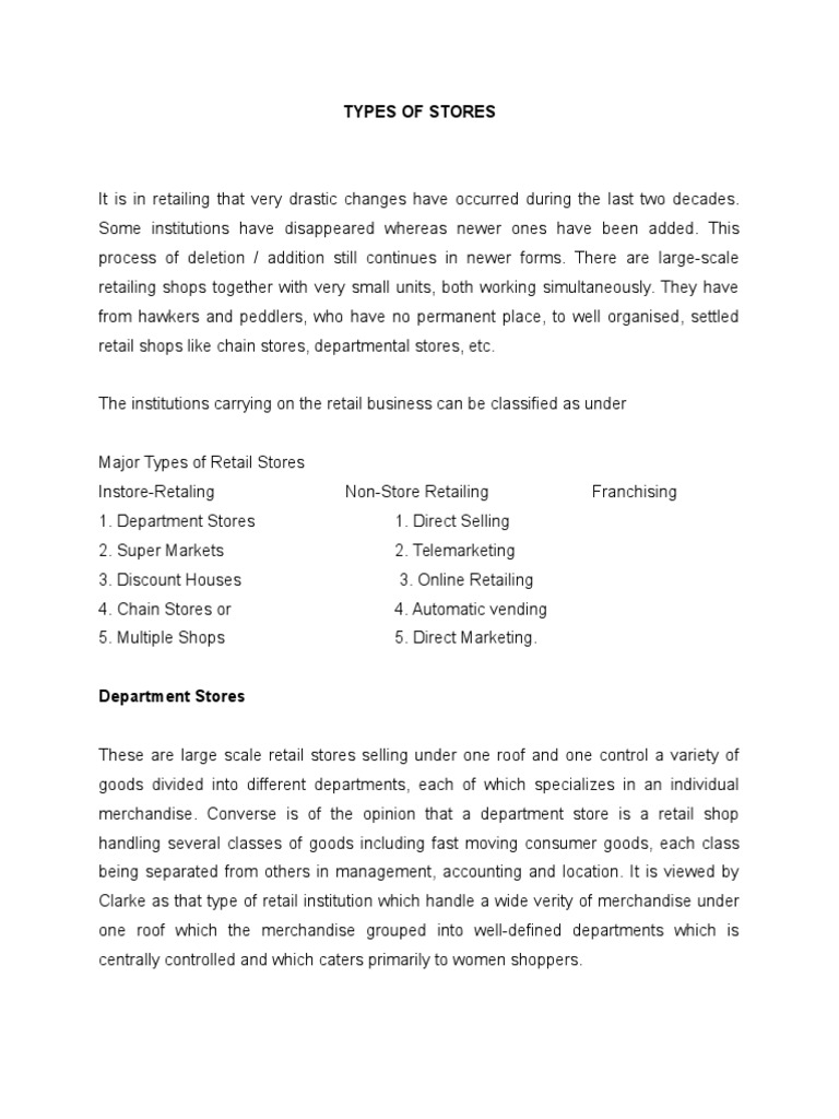 Types of Stores | PDF | Supermarket | Retail