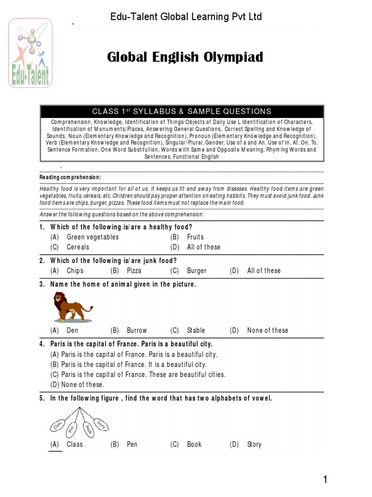 Global English Olympiad: Class 1 Syllabus & Sample Questions | PDF ...