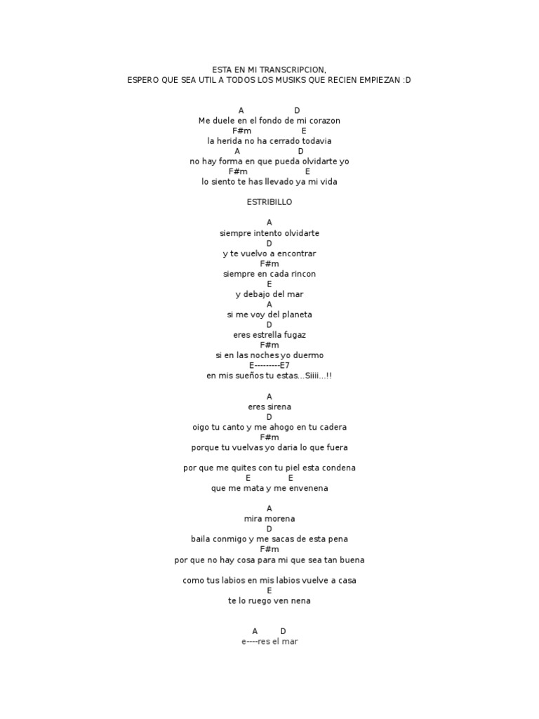 Acordes y letra de "Eres Sirena" | PDF