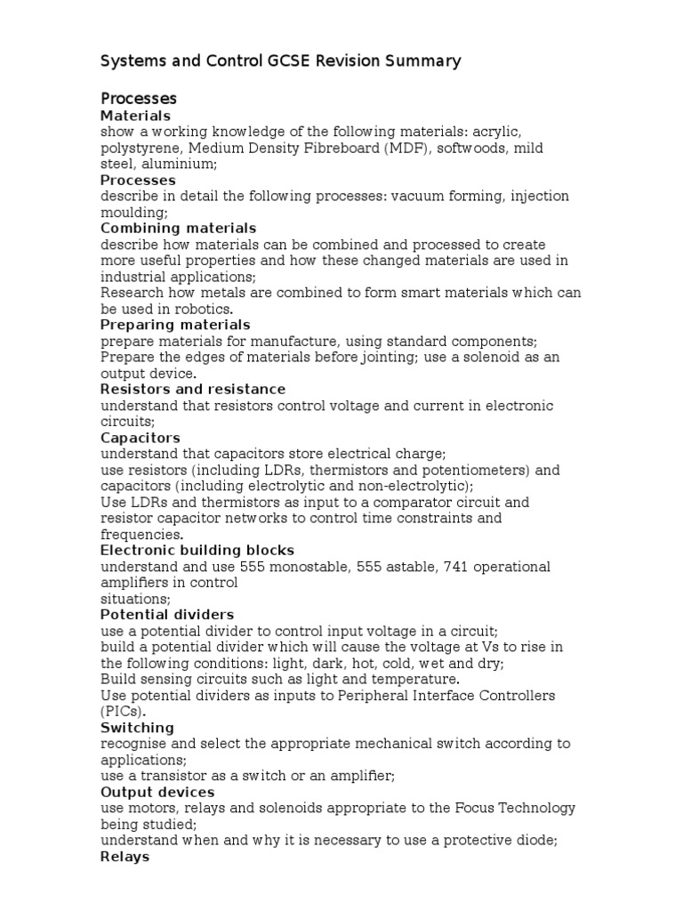 Systems and Control Gcse Revision Summary 2 | PDF | Electronic Circuits ...