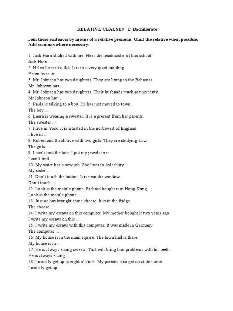 Relative Clauses Exercises for Bachillerato | PDF | Language Mechanics ...