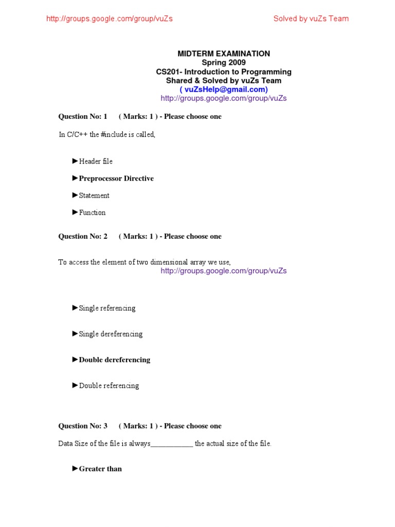 Cs201 Spring 2009 4 Solved By Vuzs Team With Reference Pdf C Programming Language Data Type
