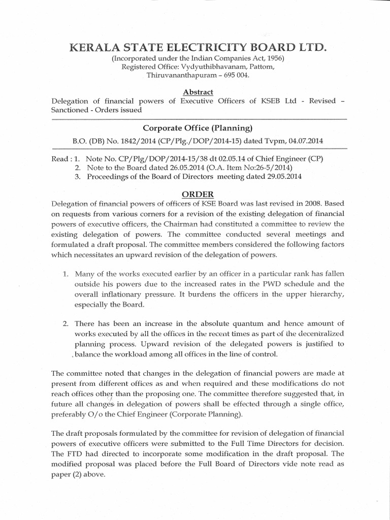 KSEB Delegation of Power | Download Free PDF | Expense | Business