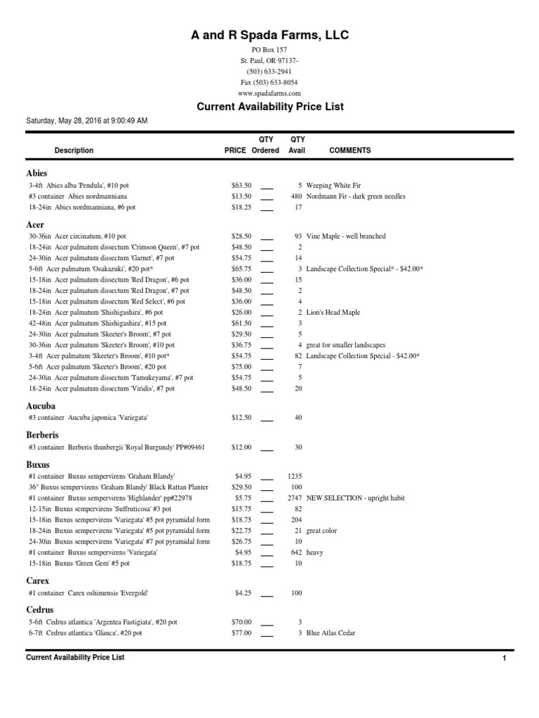 A and R Spada Farms, LLC: Current Availability Price List | PDF ...