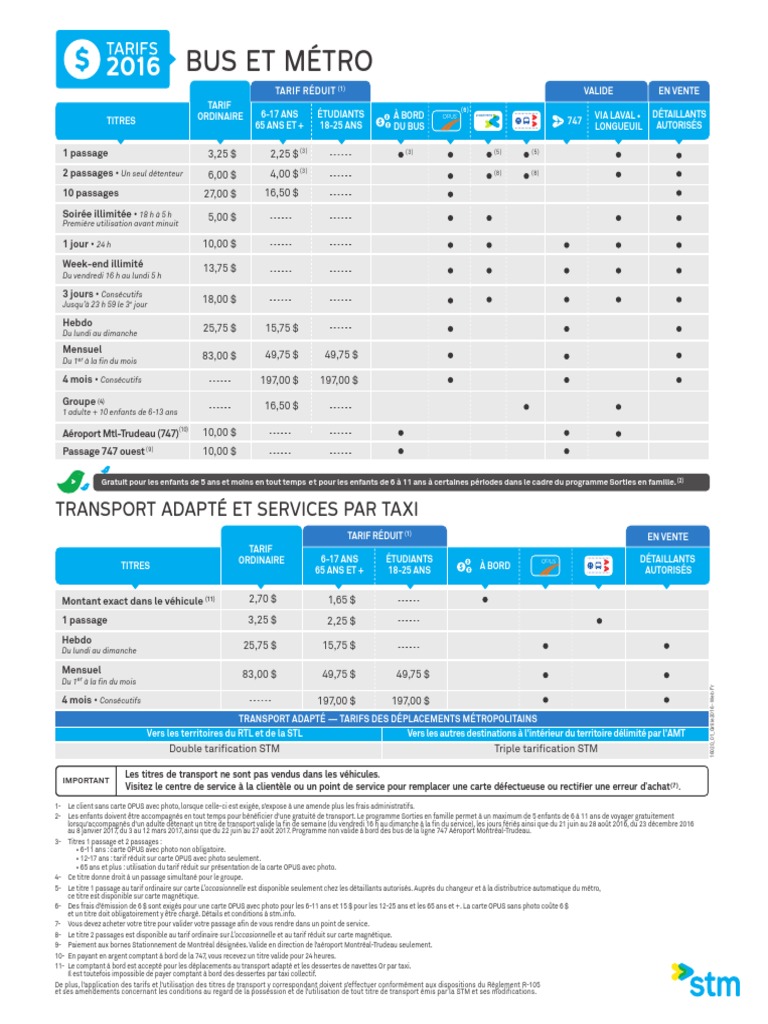 Grille tarifaire de la STM à partir du 1er juillet 2016 | Transport ...