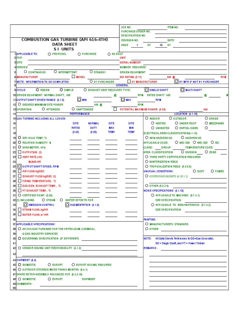 Combustion Gas Turbine (Api 616-4Th) Data Sheet S I Units: Applicable To | PDF | Turbine | Gas ...