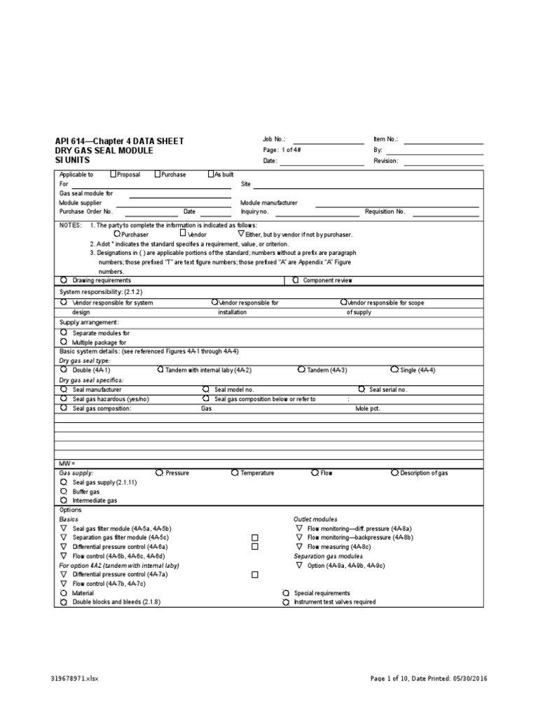 API 614-Chapter 4 DATA SHEET Dry Gas Seal Module Si Units: System ...