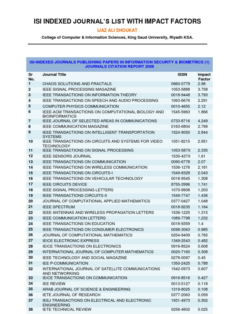 A List of Computer Science Journals (ISI Indexed) | PDF | Computer ...