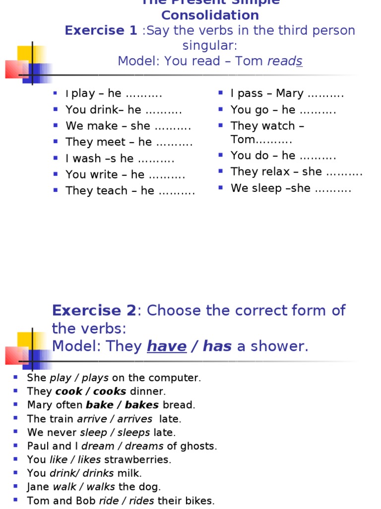 Present Simple Verb Exercises | PDF | Syntax | Grammar