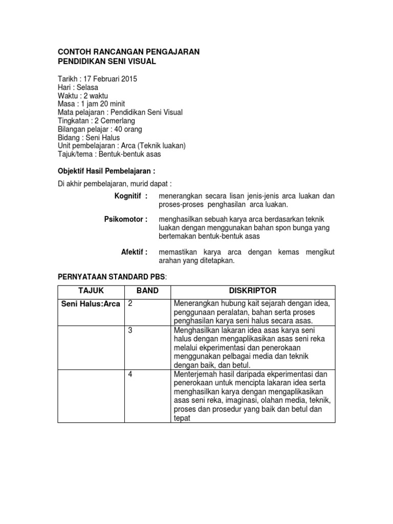 Contoh RPH SENI ART | PDF | Kajian Bahasa Asing | Seni