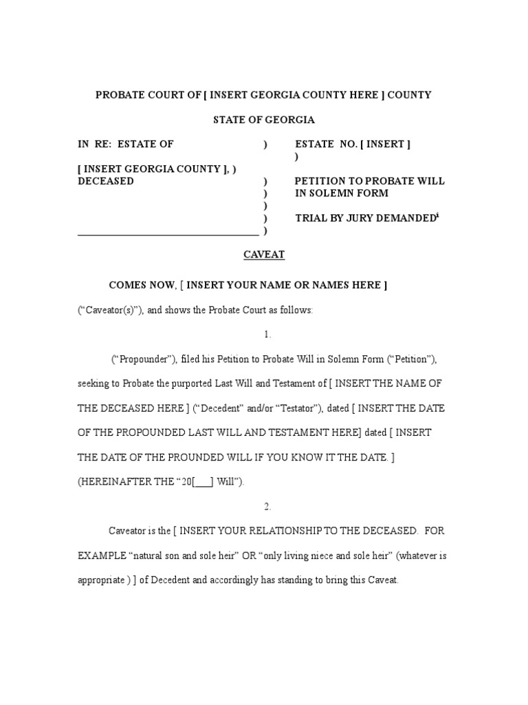 Caveat To A Last Will and Testament Georgia | PDF | Will And Testament ...
