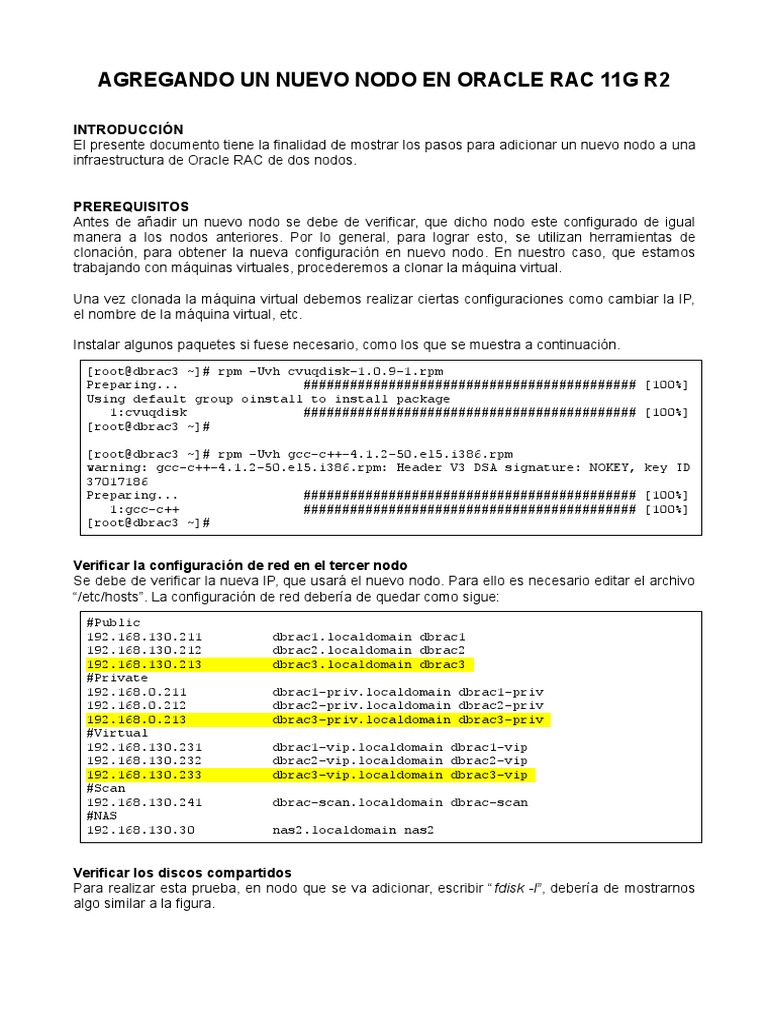 Adicionando Un Nuevo Nodo en ORACLE RAC 11G R2 | PDF | Base de datos Oracle | Bases de datos