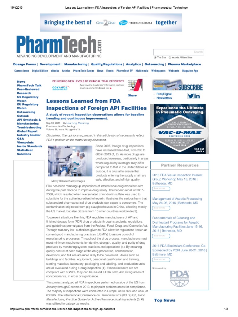 Lessons Learned From FDA Inspections of Foreign API Facilities ...