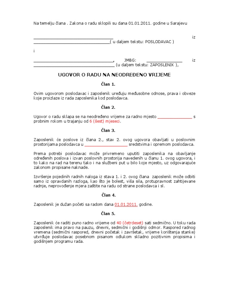 Primjer Ugovora o Radu Na Neodredjeno | PDF