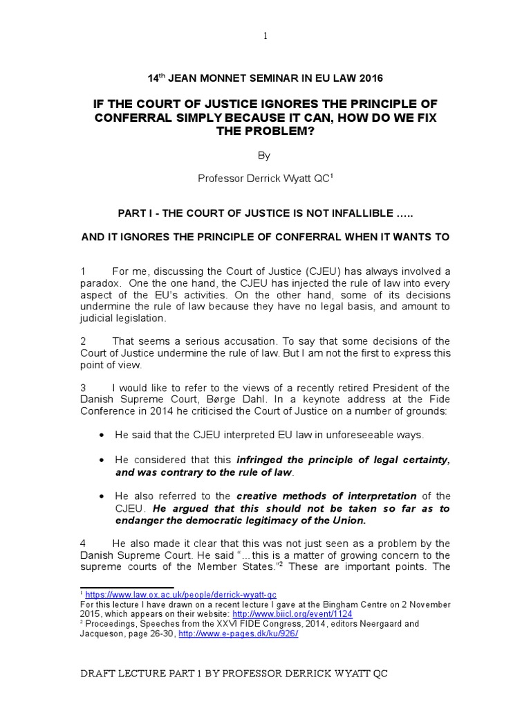 CJEU Principle of Conferral PT 1 | PDF | European Union | Member State ...