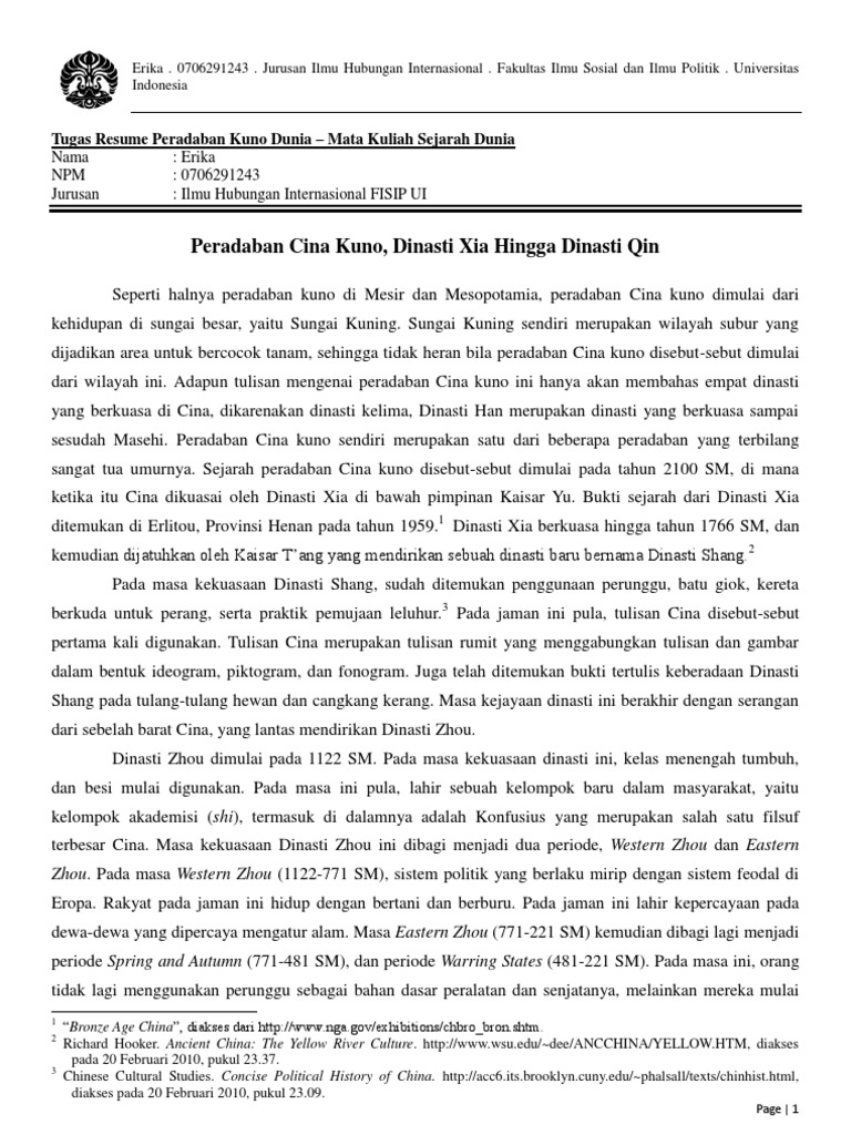 Peradaban Cina Kuno, Dinasti Xia Hingga Dinasti Qin | PDF