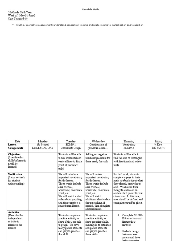 5th Grade Math Lesson Plan: Volume & Graphing | PDF