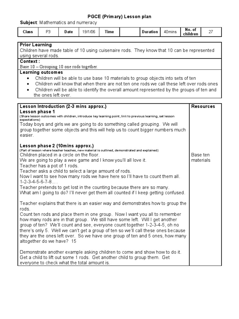 PGCE (Primary) Lesson Plan Subject: Mathematics and Numeracy | PDF ...