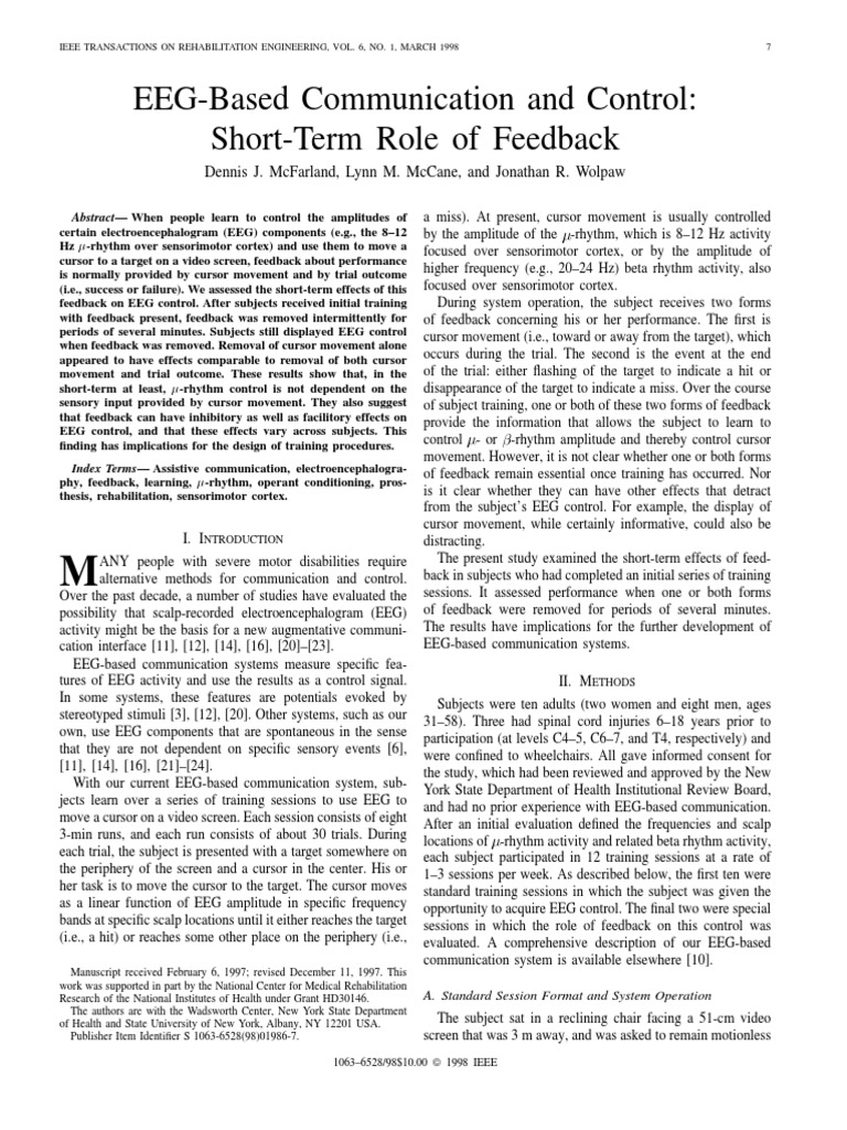 EEG-Based Communication and Control: Short-Term Role of Feedback | PDF | Electroencephalography ...