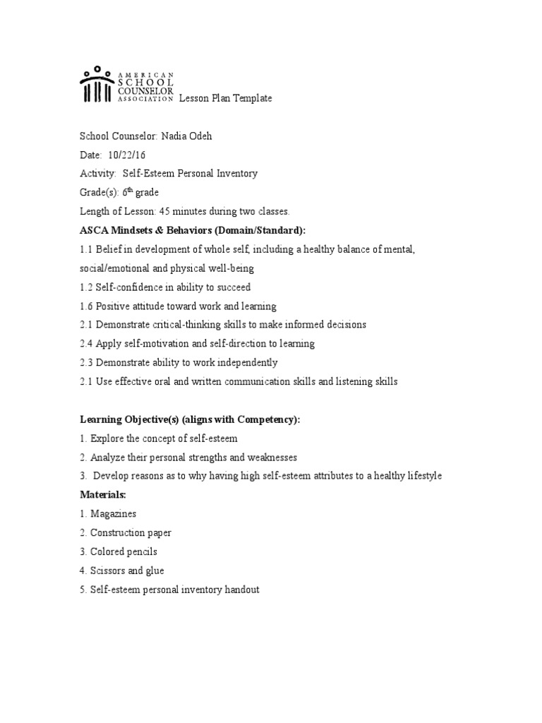 Self Esteem Lesson Plan | PDF | Behavioural Sciences | Psychology