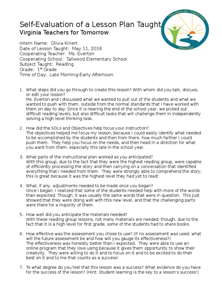 Self-Evaluation of A Lesson Plan Taught: Virginia Teachers For Tomorrow ...