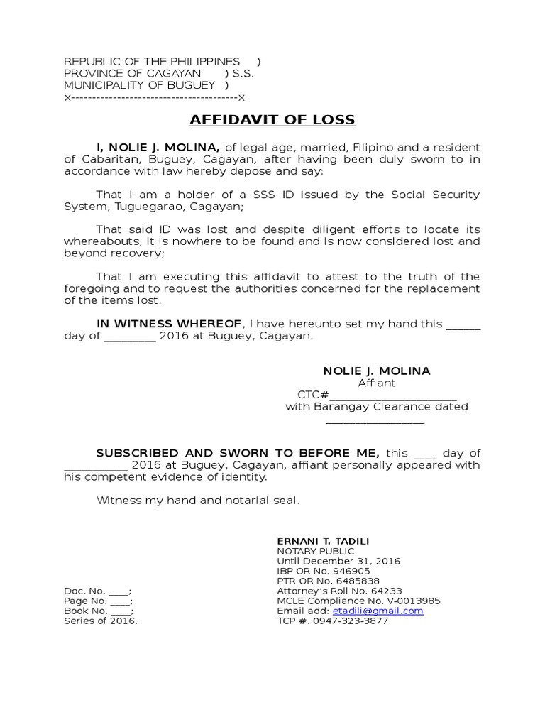 Affidavit of Loss - SSS ID | PDF | Affidavit | Comparative Law