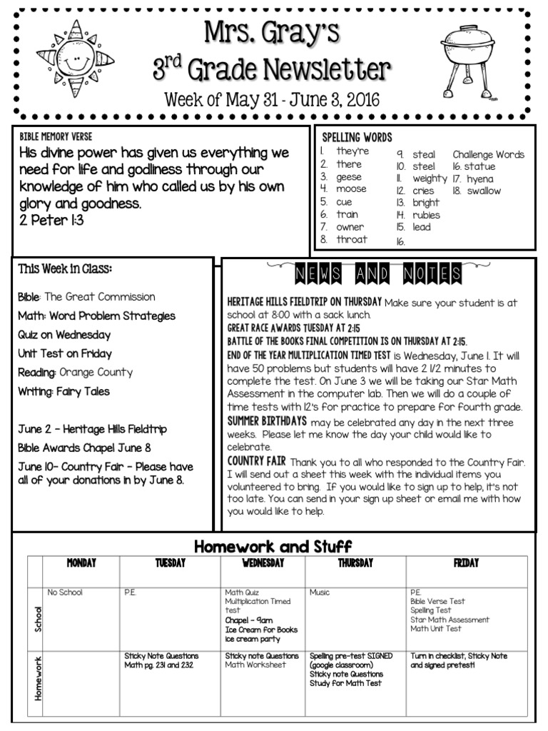 3rd Grade Weekly Newsletter: May 31-June 3 | PDF | Language Arts ...