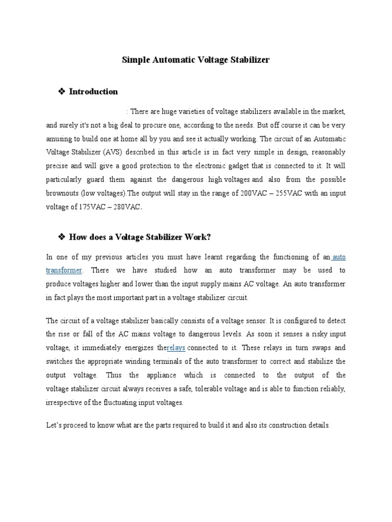 Simple Automatic Voltage Stabilizer | PDF | Relay | Electronic Circuits