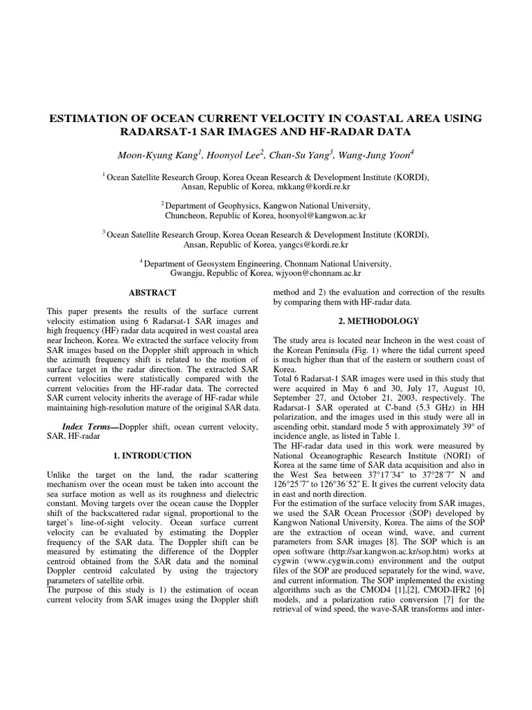 Estimation Of Ocean Current Velocity In Coastal Area Using Radarsat 1