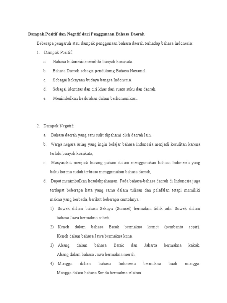 Dampak Positif Dan Negatif Bahasa Daerah-Bahasa Indonesia | PDF