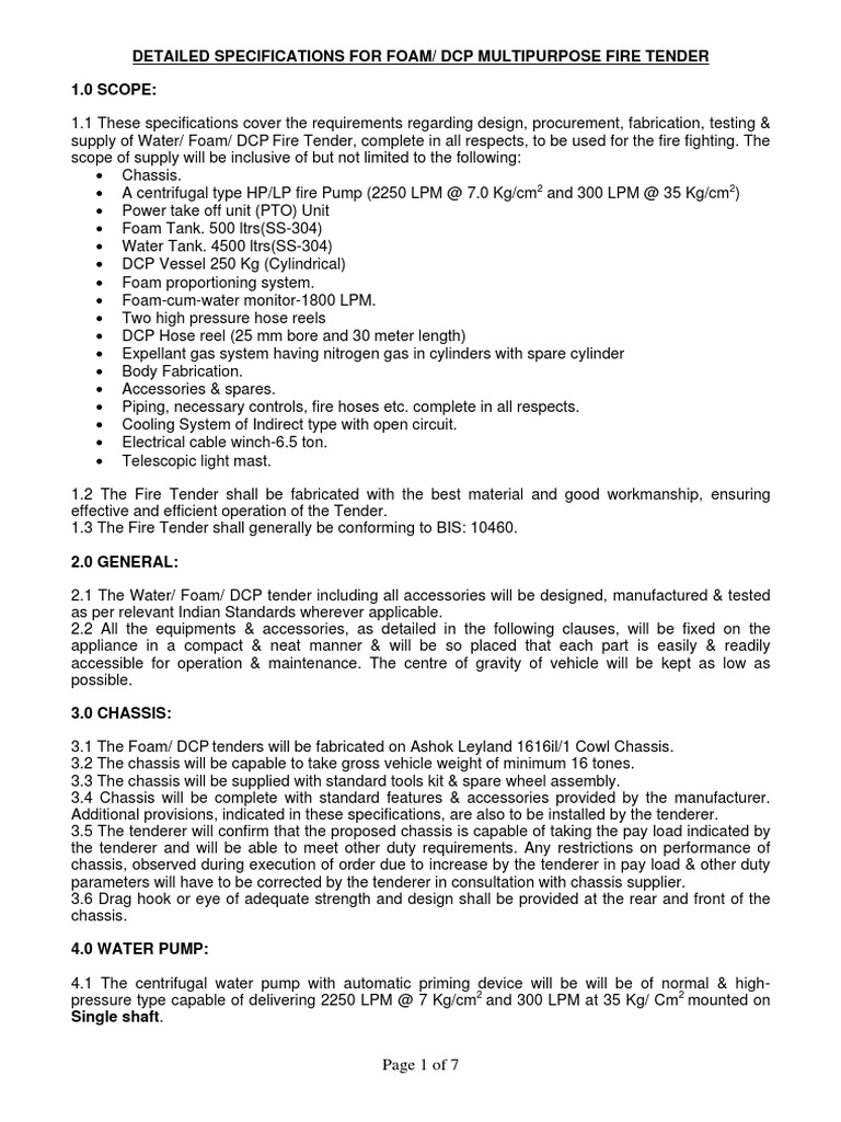 Multipurpose Foam DCP Tender Specification 16 | PDF | Fire Engine | Door