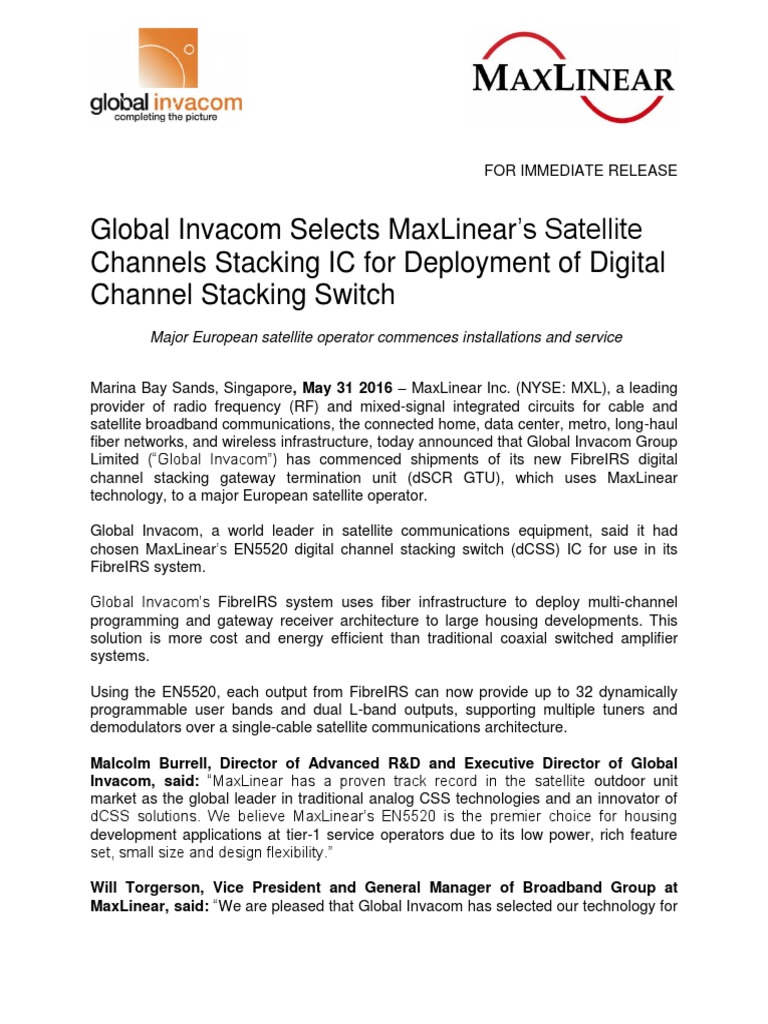 Global Invacom Selects MaxLinear's Satellite Channels Stacking IC For ...