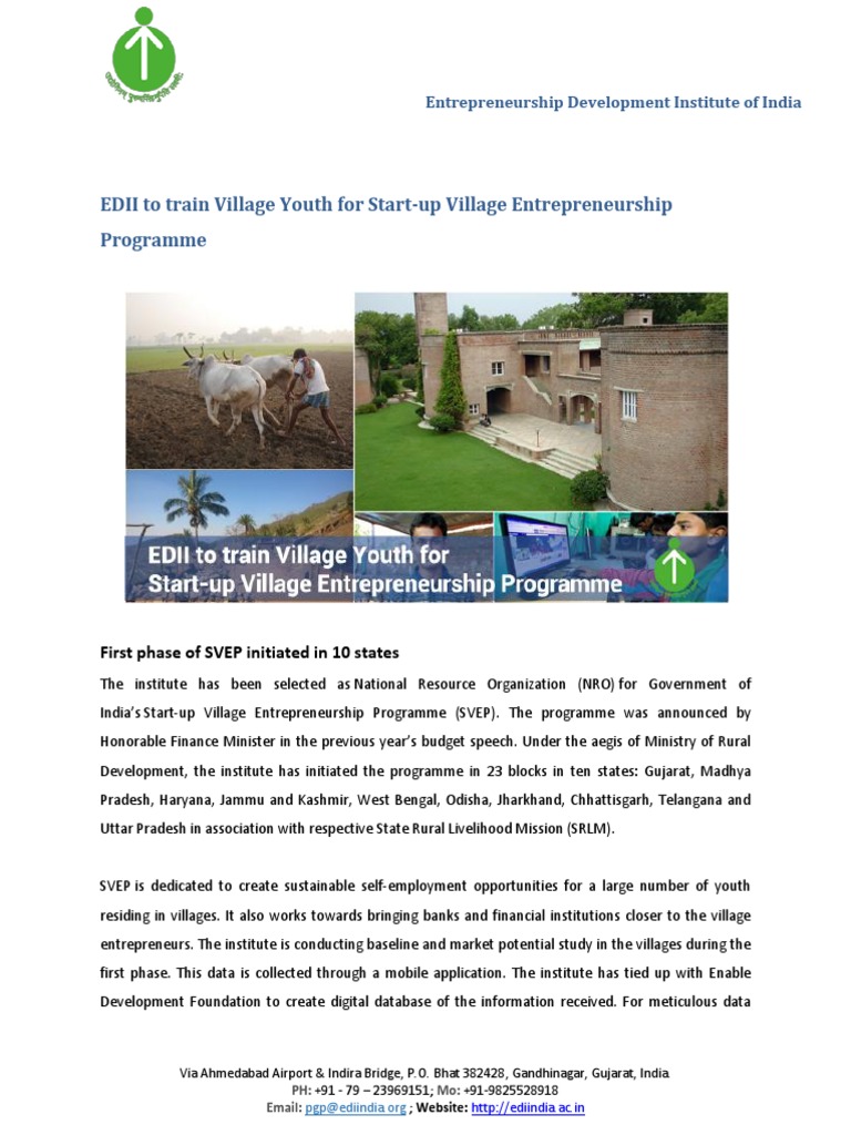EDII To Train Village Youth For Start-Up Village Entrepreneurship Programme | PDF | Startup ...