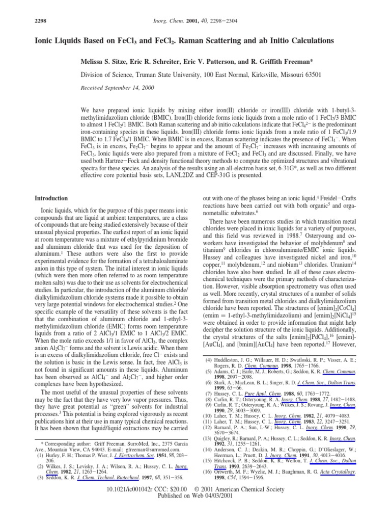 Ionic Liquids Based On FeCl3 and FeCl2. Raman Scattering and Ab Initio ...