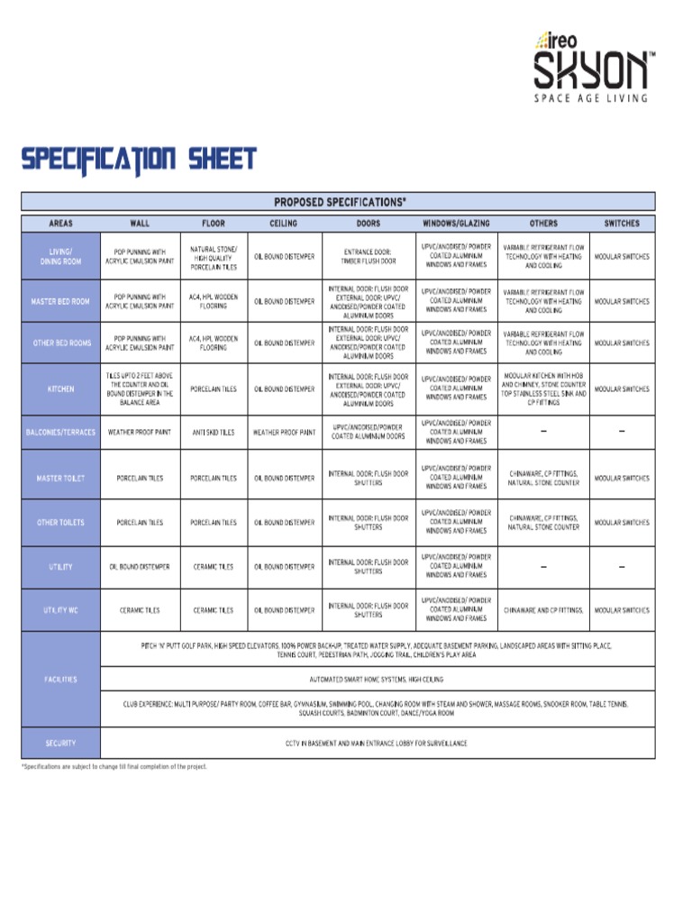 Specifications Sheet | PDF