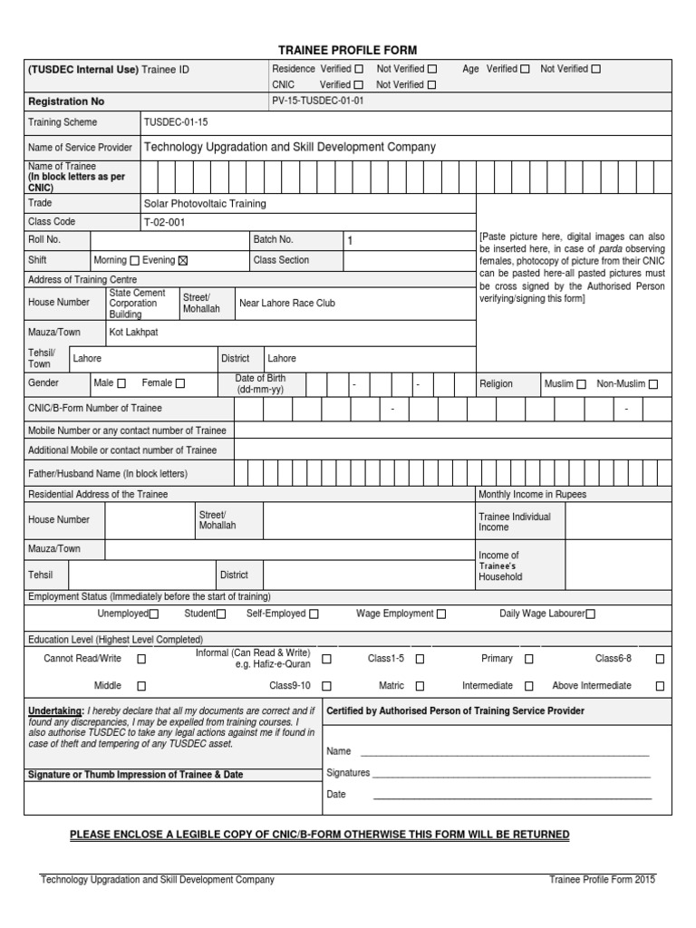 Trainee Profile Form for Solar Training | PDF