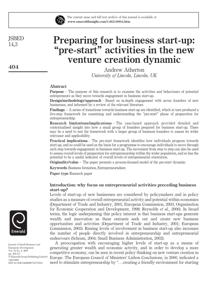 Preparing For Business Start-up-"Pre-start" Activities in The New ...