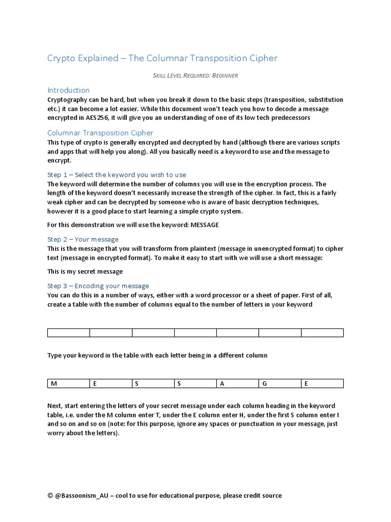 Crypto Explained - The Columnar Transposition Cipher | PDF | Cipher | Cryptography