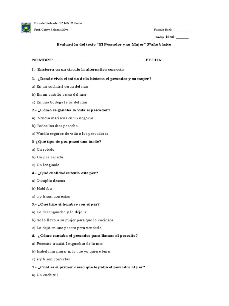 Prueba El Pescador y Su Mujer 3° | PDF