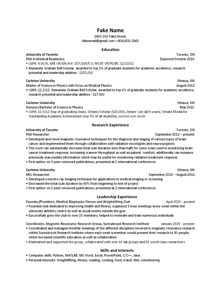 Fake Resume 2 | PDF | Medical Physics | Medical Imaging