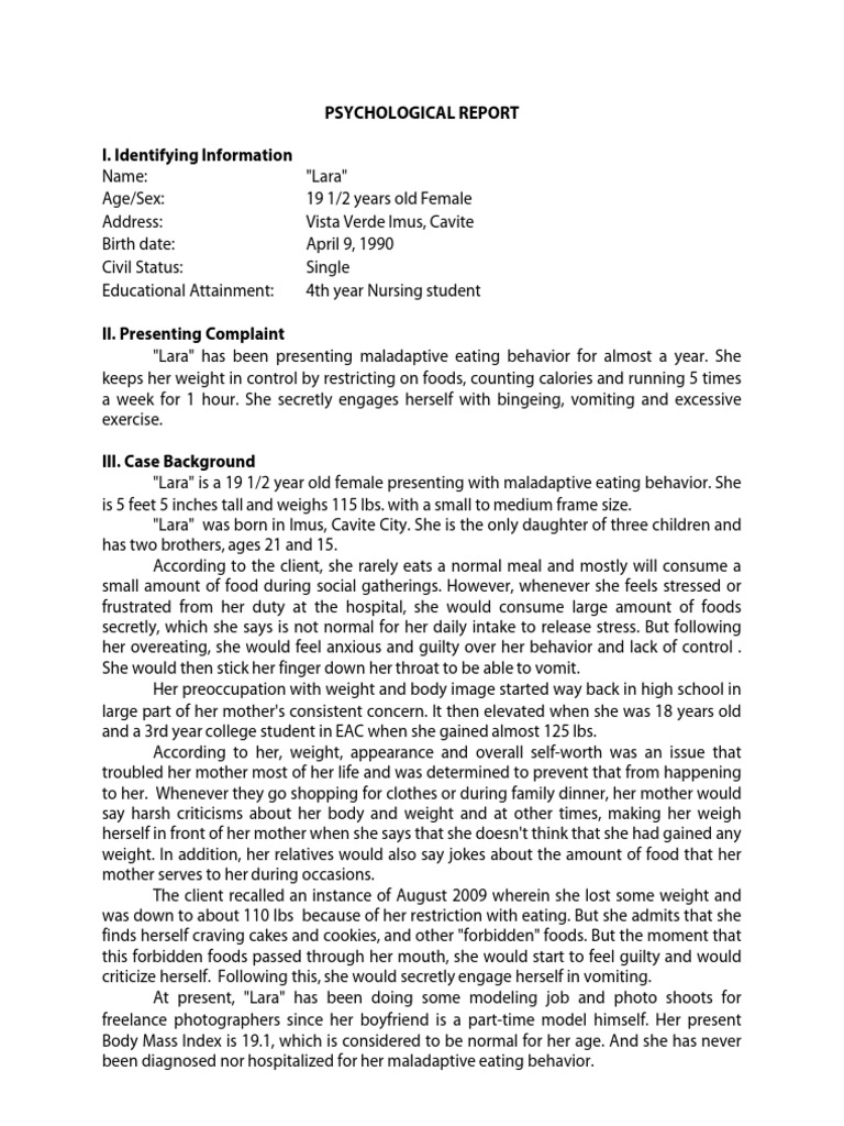 Psychosocial Report (Psychological Report) | PDF | Eating Disorder ...