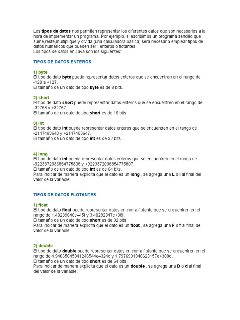 Tipos de Datos en Java | PDF | Tipo de datos | Java (lenguaje de ...