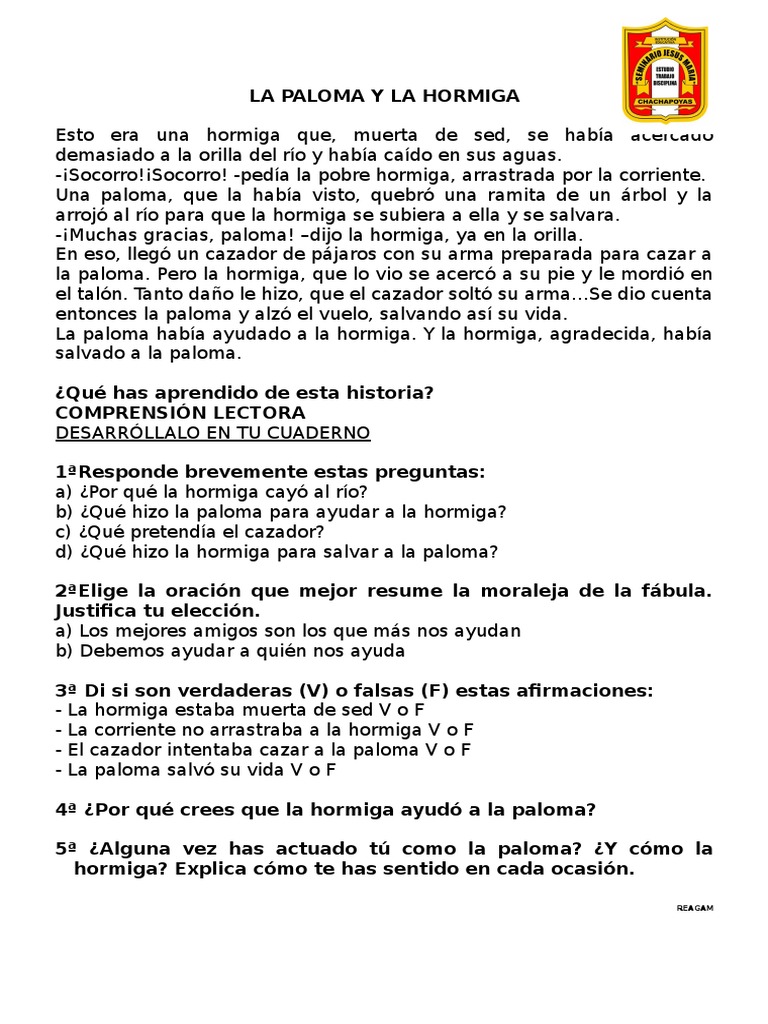 La Paloma y La Hormiga-Cuento y Preguntas | PDF